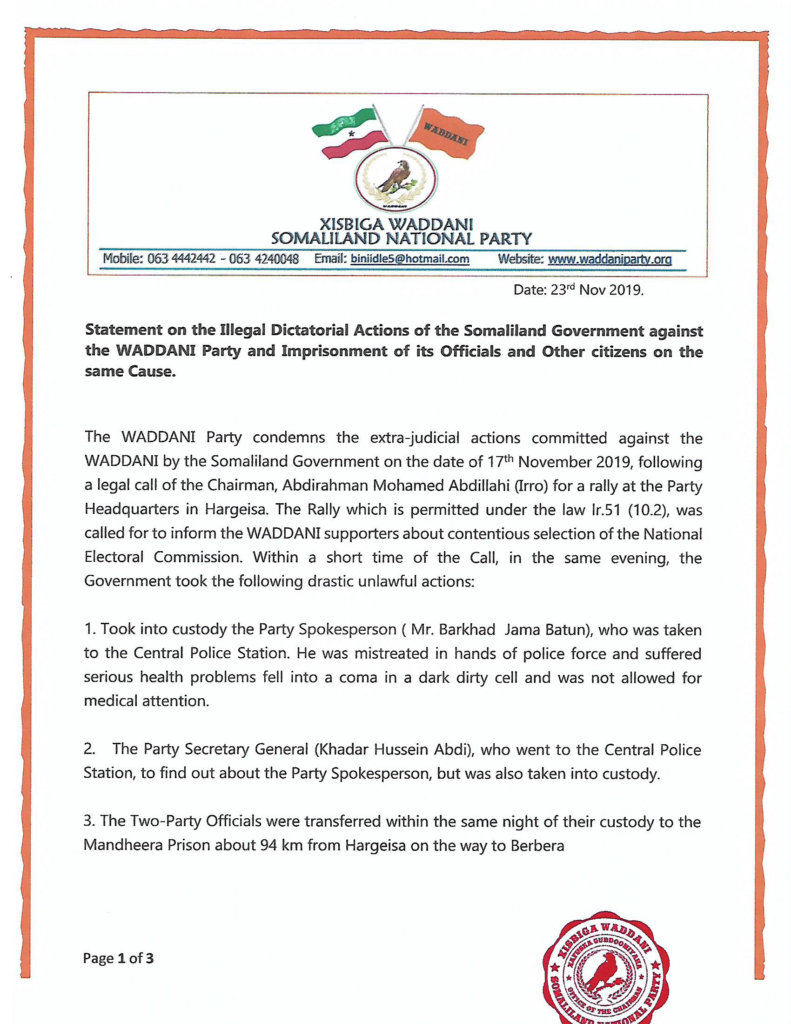 Somaliland: Wadani Party Cries Foul over Extra-judicial imprisonment ...