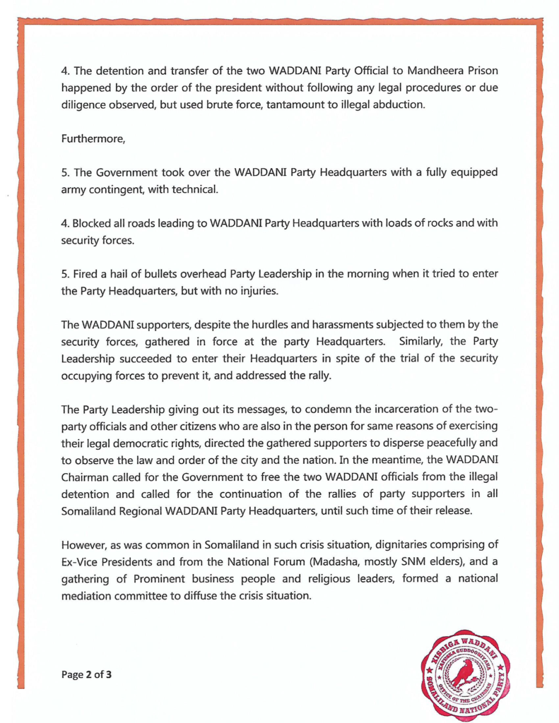 Somaliland: Wadani Party Cries Foul over Extra-judicial imprisonment ...